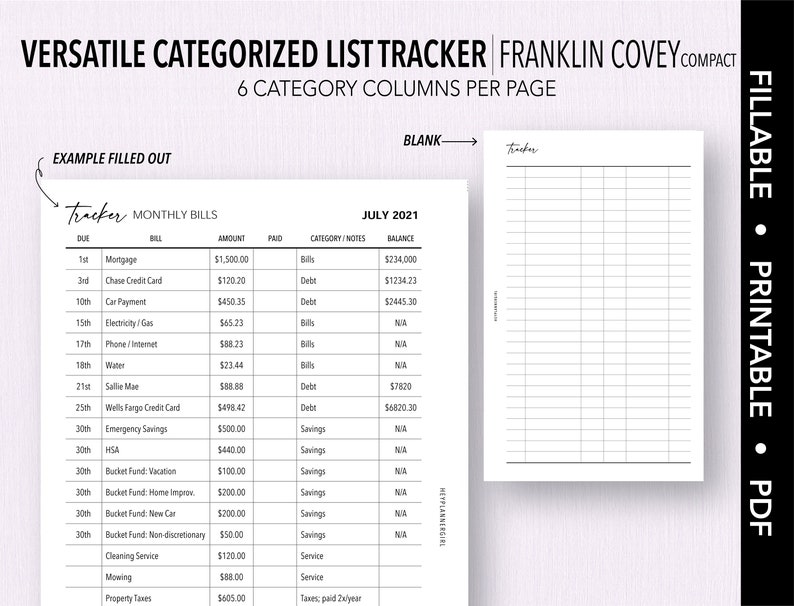 FRANKLIN COVEY Compact FILLABLE Versatile Categorized List | Etsy