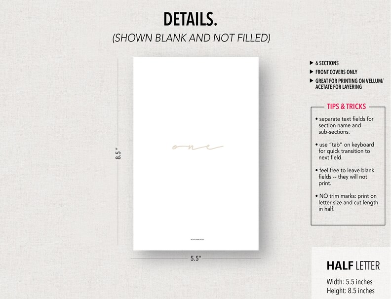 HALF LETTER FILLABLE minimal Section Covers Fillable & - Etsy