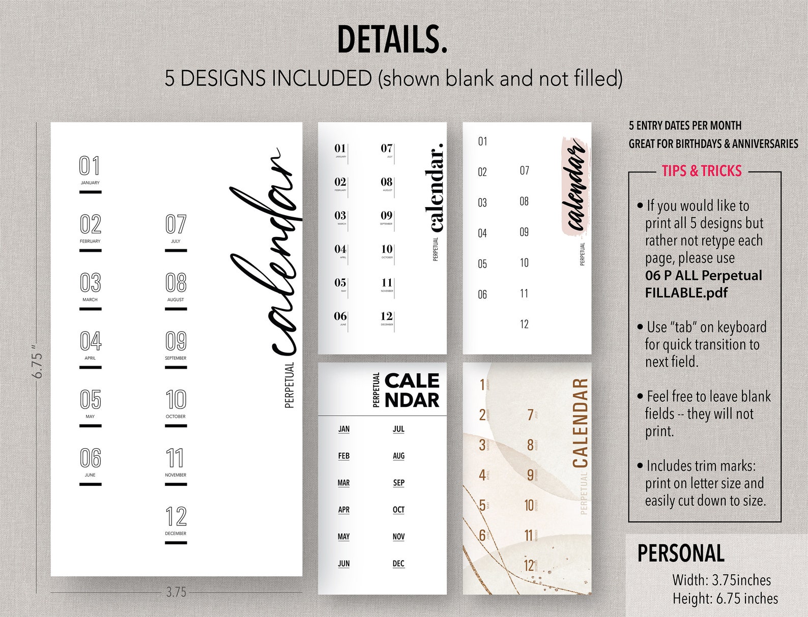 PERSONAL *FILLABLE* PERPETUAL Calendar Bundle | Fillable & Printable ...