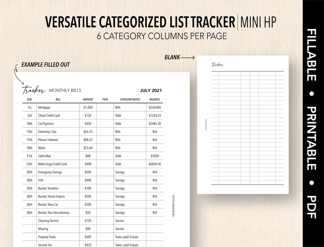 MINI HP *FILLABLE* Versatile Categorized List Tracker | Fillable ...