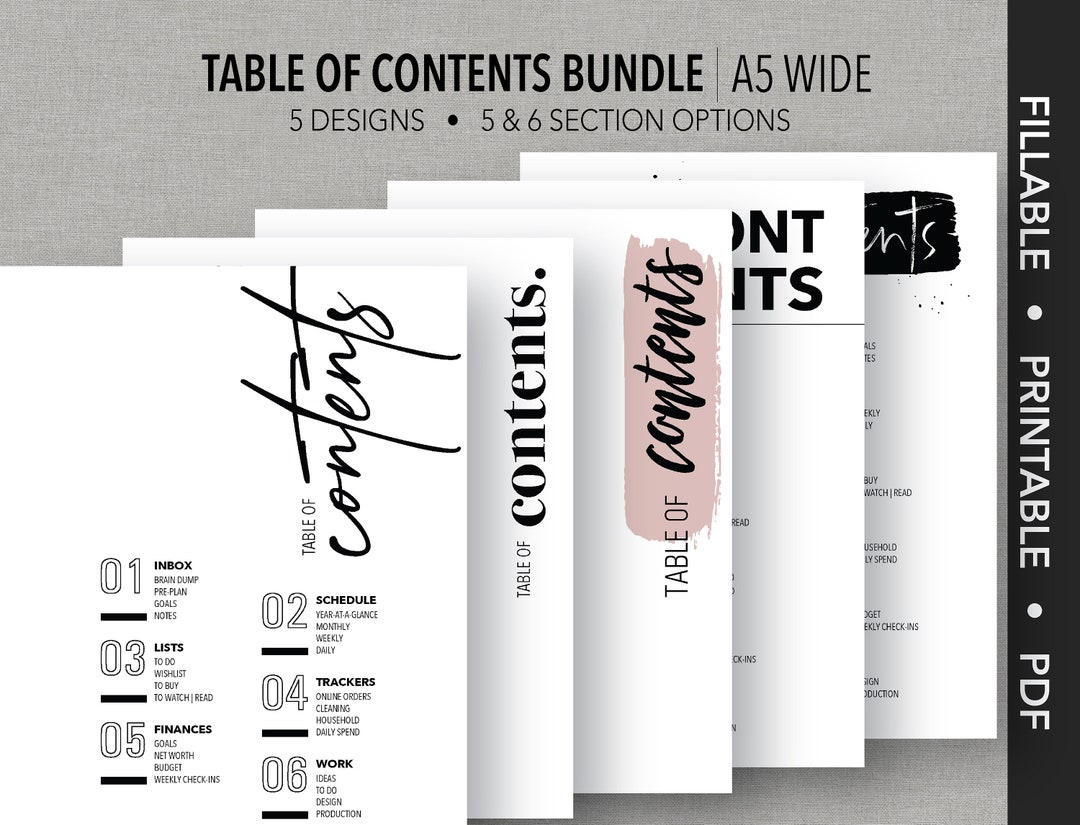 A5 WIDE *FILLABLE* Table of Contents Bundle | Fillable & Printable ...