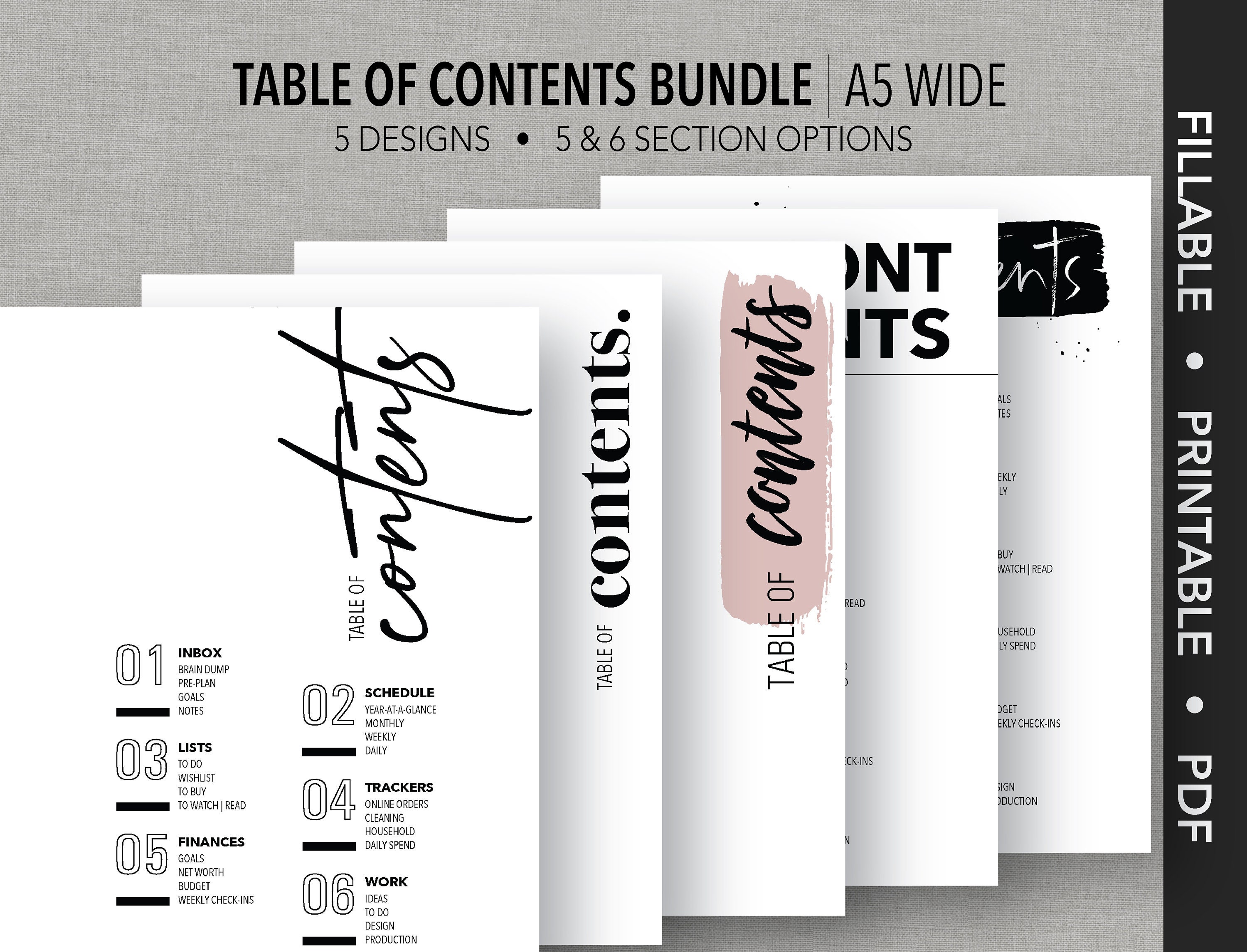 A5 WIDE FILLABLE Table of Contents Bundle Fillable & - Etsy