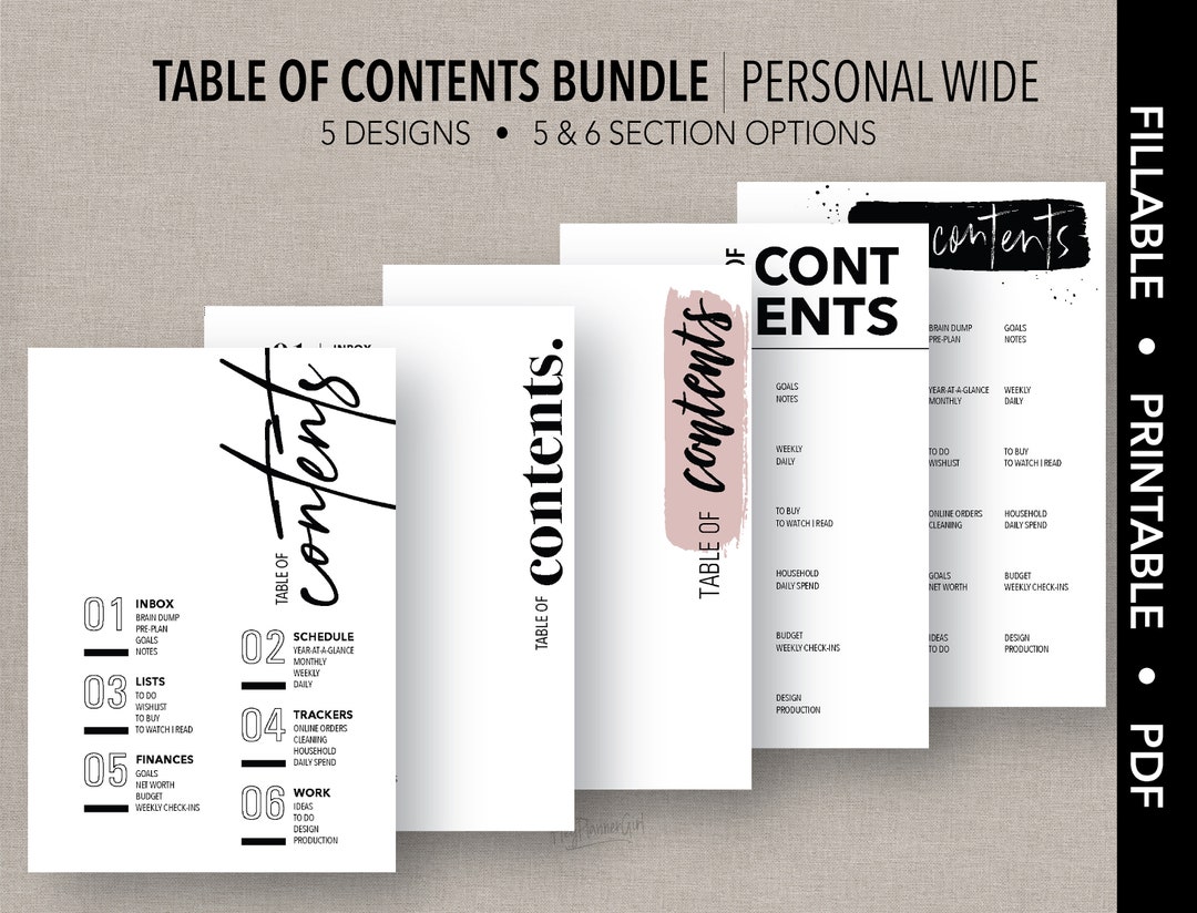 PERSONAL WIDE *FILLABLE* Table of Contents Bundle | Fillable ...