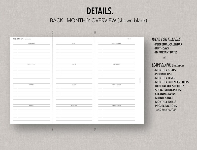 PERSONAL *FILLABLE* YEARLY / Monthly Overview Fold Out Insert ...