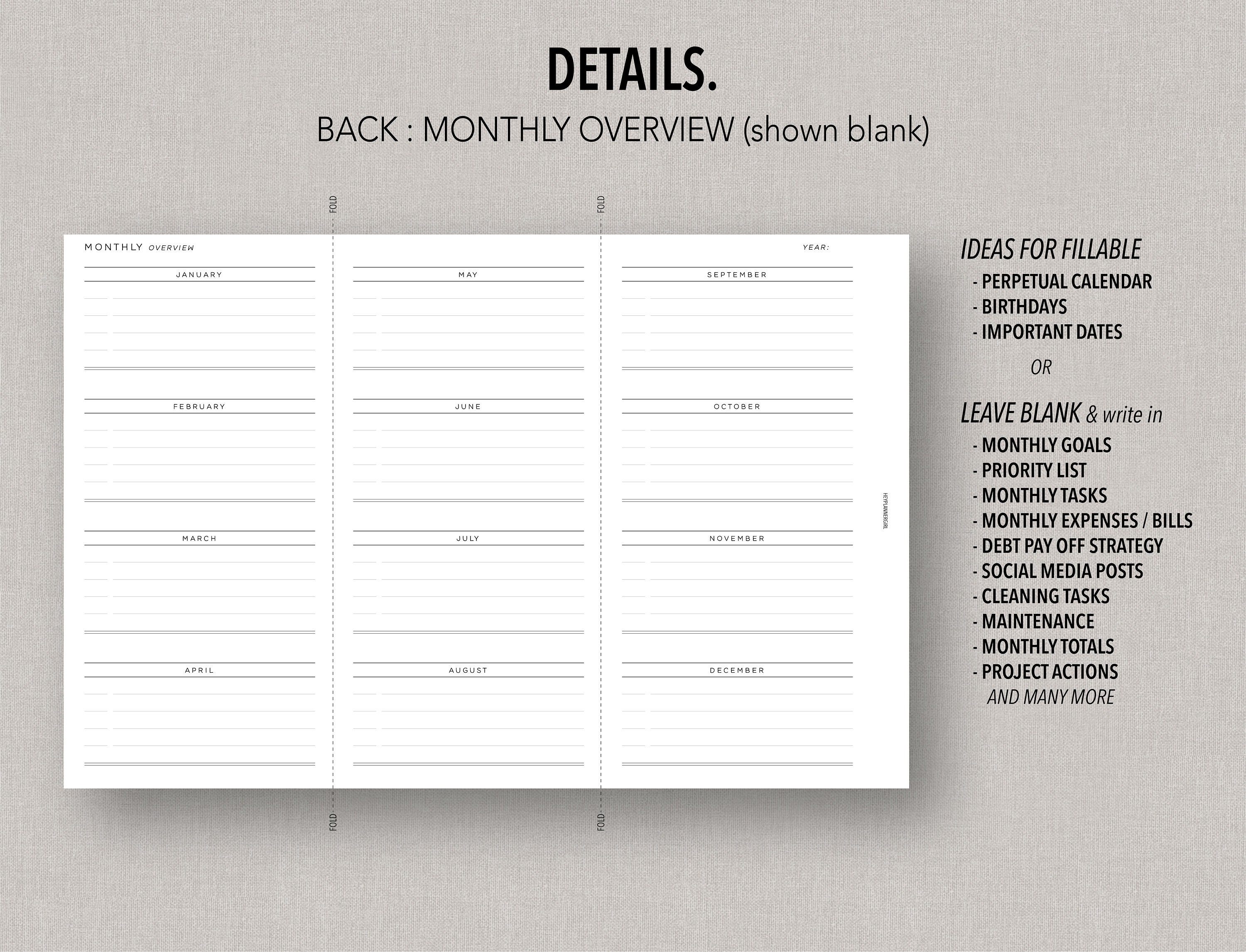 PERSONAL FILLABLE YEARLY / Monthly Overview Fold Out Insert | Etsy