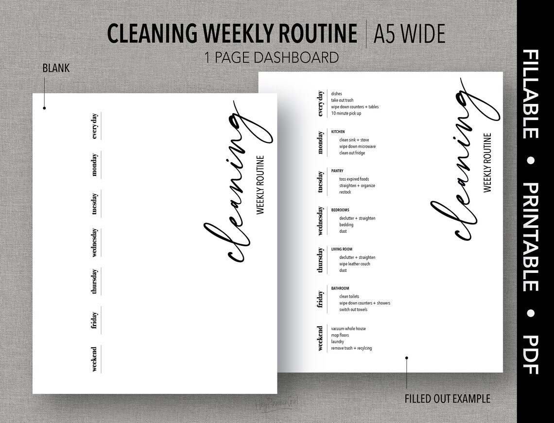 A5 WIDE *FILLABLE* Cleaning WEEKLY Routine Insert | Fillable ...