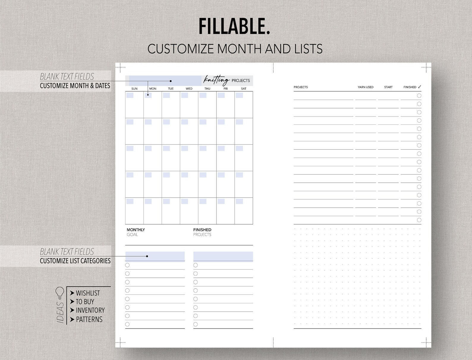 PERSONAL FILLABLE KNITTING Projects Monthly Tracker - Etsy