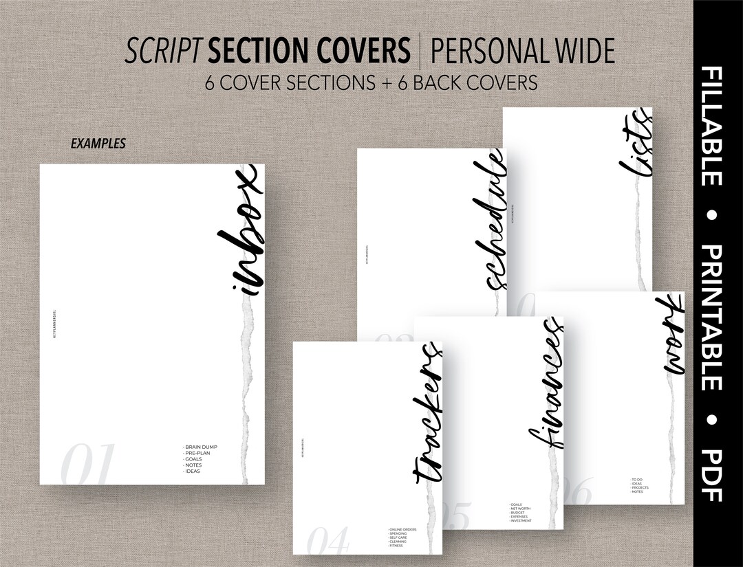 PERSONAL WIDE *FILLABLE* {script} Section Covers | Fillable & Printable ...
