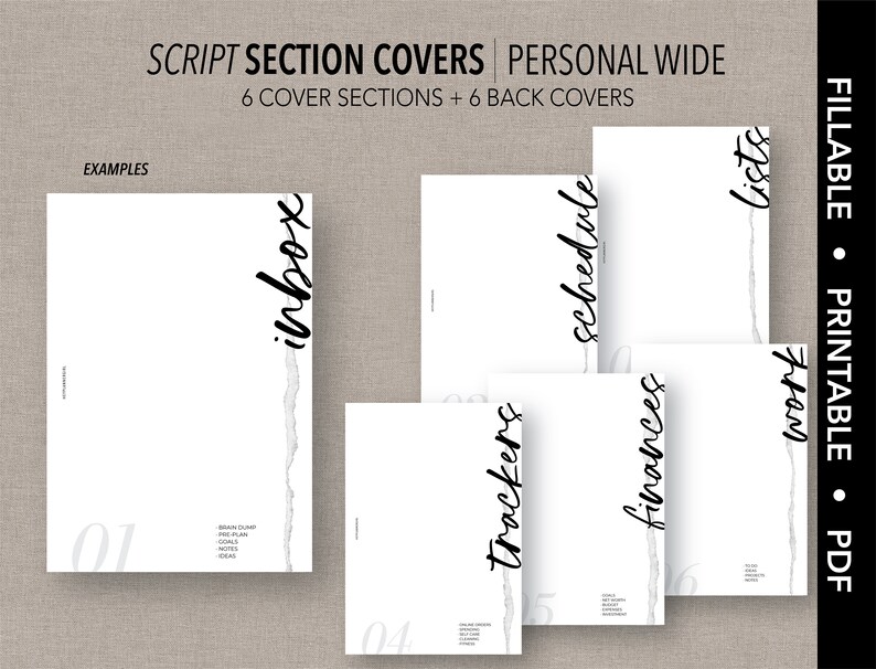 PERSONAL WIDE FILLABLE script Section Covers Fillable & - Etsy