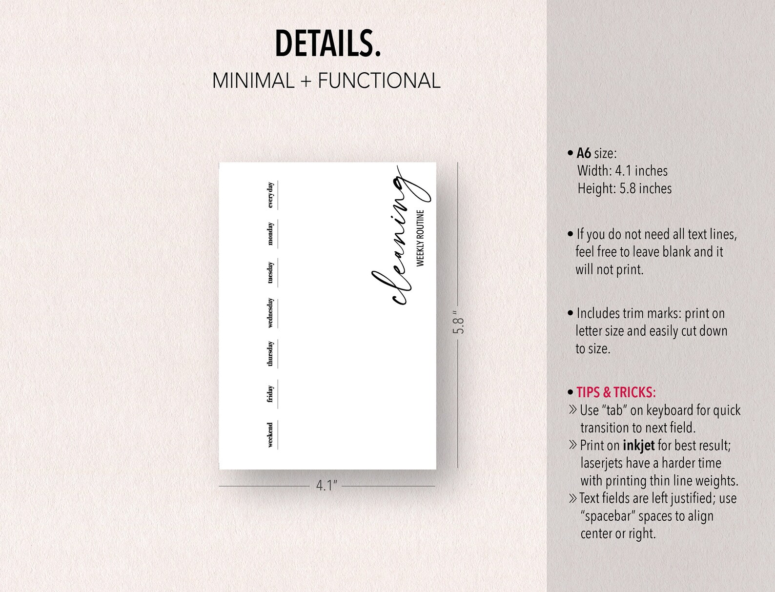 A6 FILLABLE Cleaning WEEKLY Routine Insert Fillable & - Etsy