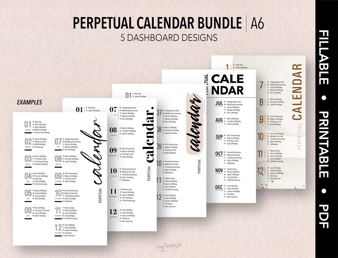 A6 *FILLABLE* PERPETUAL Calendar Bundle | Fillable & Printable | 5 ...