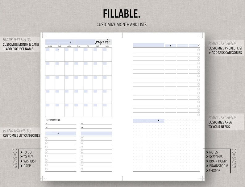 PERSONAL FILLABLE PROJECTS Monthly Tracker Fillable & | Etsy
