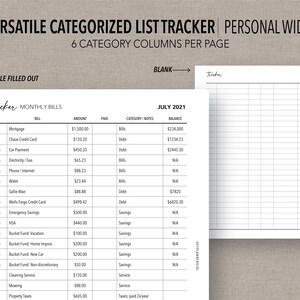 PERSONAL WIDE *FILLABLE* Versatile Categorized List Tracker | Fillable ...