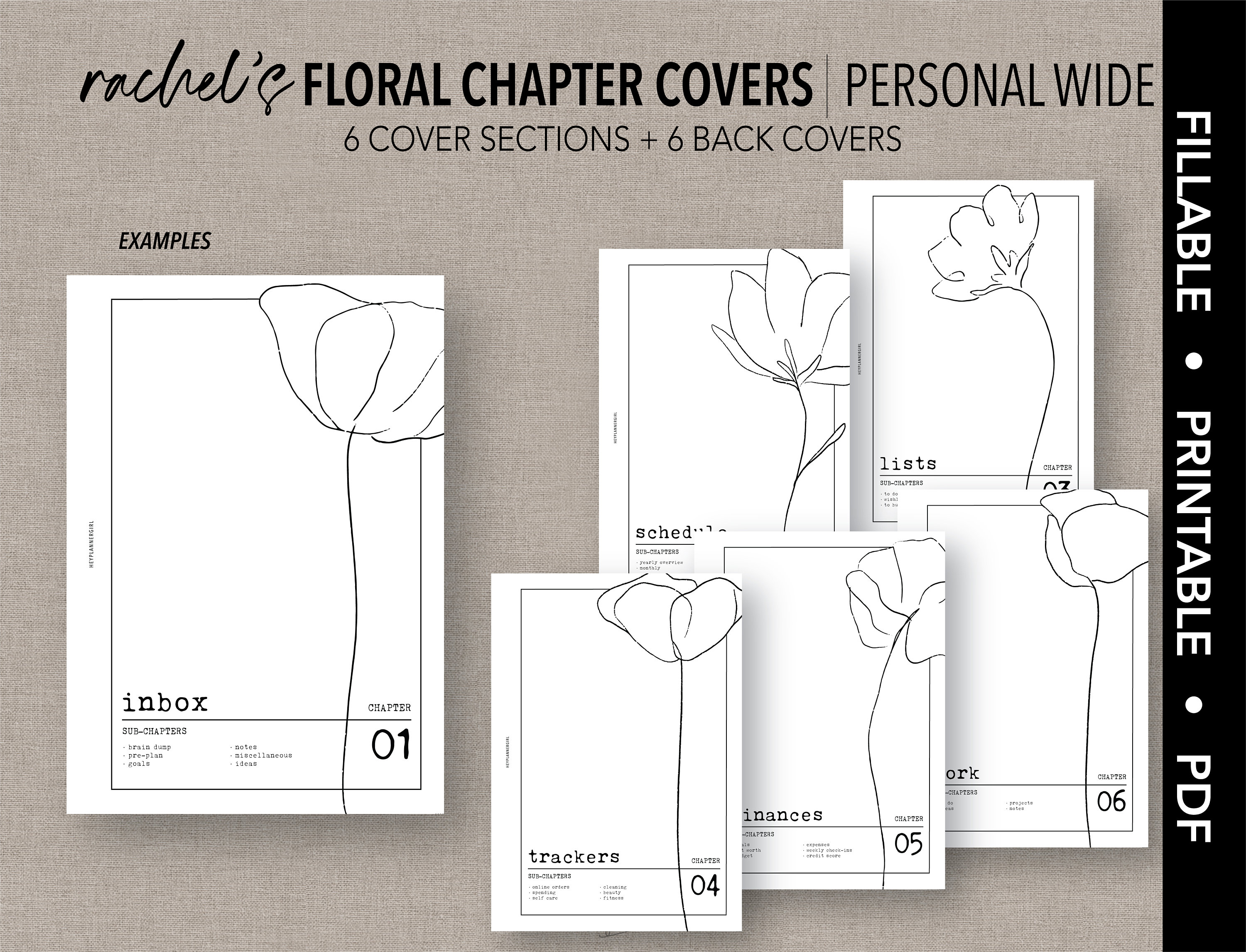PERSONAL WIDE *FILLABLE* Rachel's Floral Chapter Covers | Fillable ...