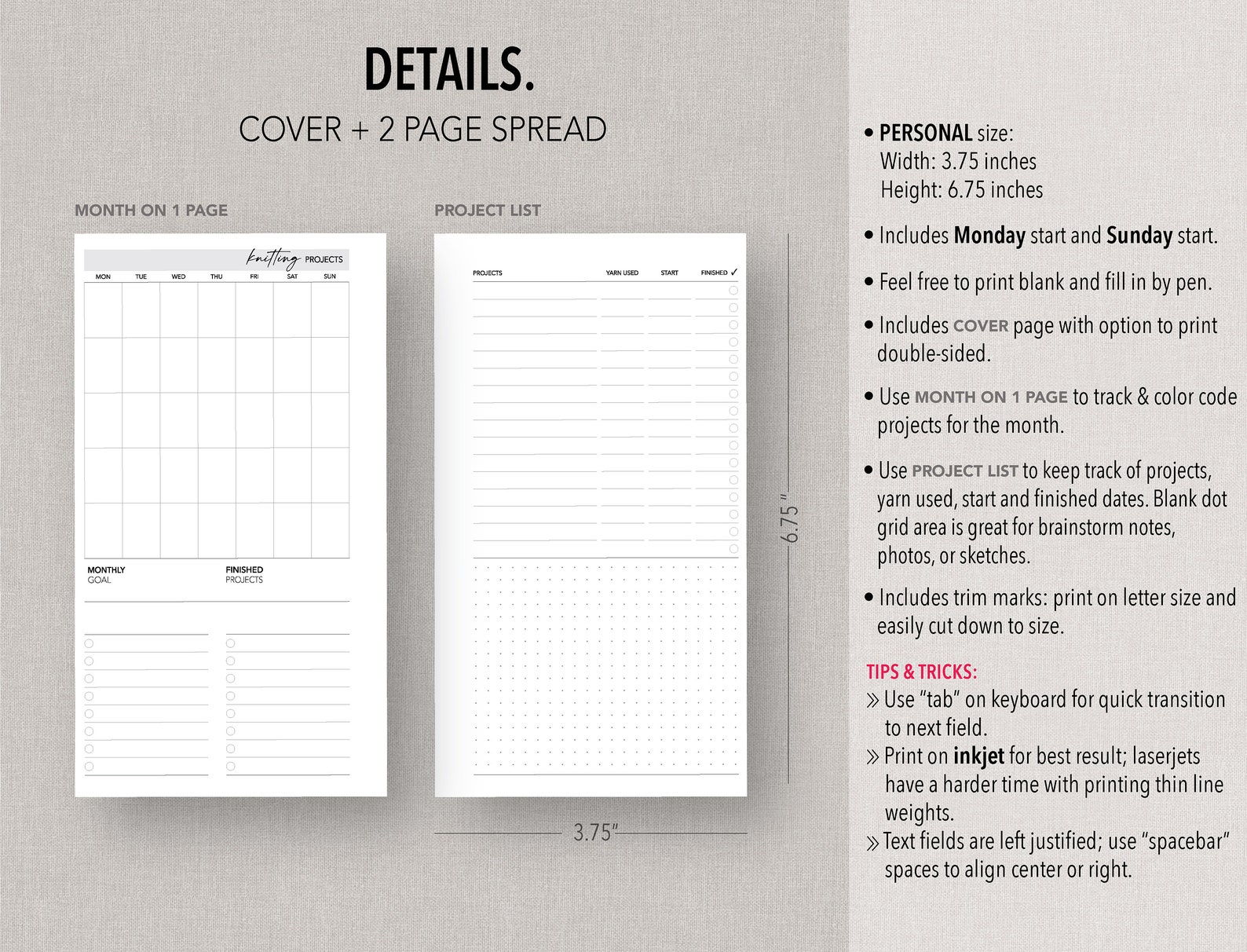 PERSONAL FILLABLE KNITTING Projects Monthly Tracker - Etsy