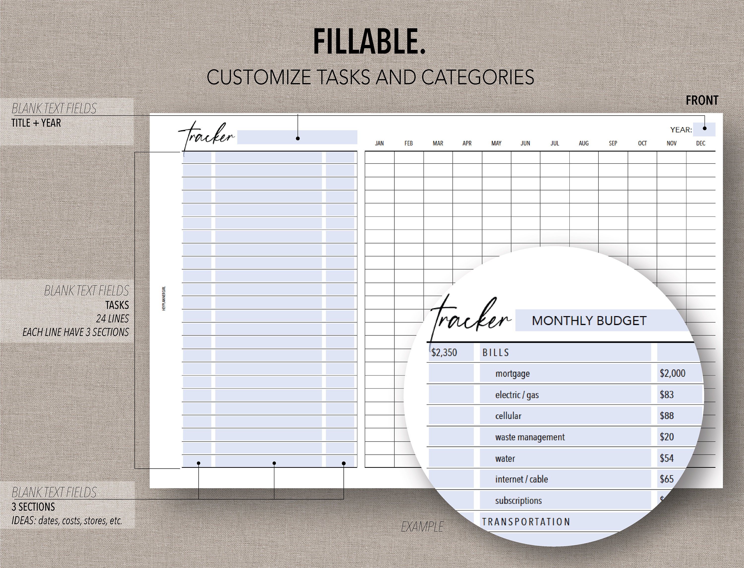 PERSONAL WIDE FILLABLE Annual Tracker Fold Out Insert - Etsy Singapore