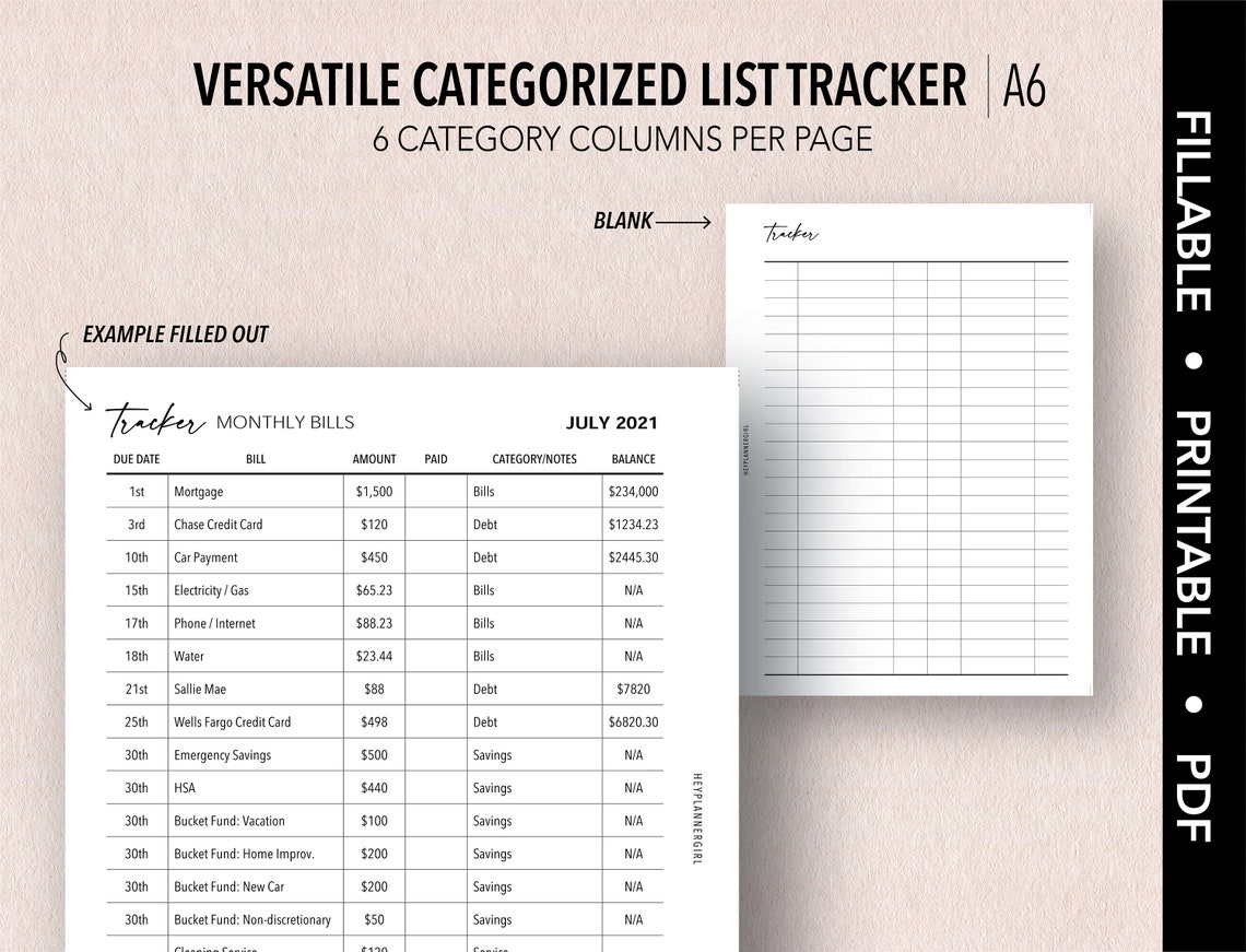 A6 FILLABLE Versatile CATEGORIZED List Tracker Fillable & | Etsy