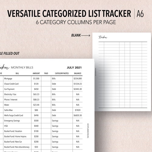 A6 FILLABLE Versatile CATEGORIZED List Tracker Fillable & | Etsy