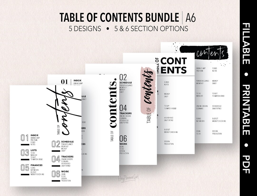 A6 *FILLABLE* Table of Contents Bundle | Fillable & Printable ...