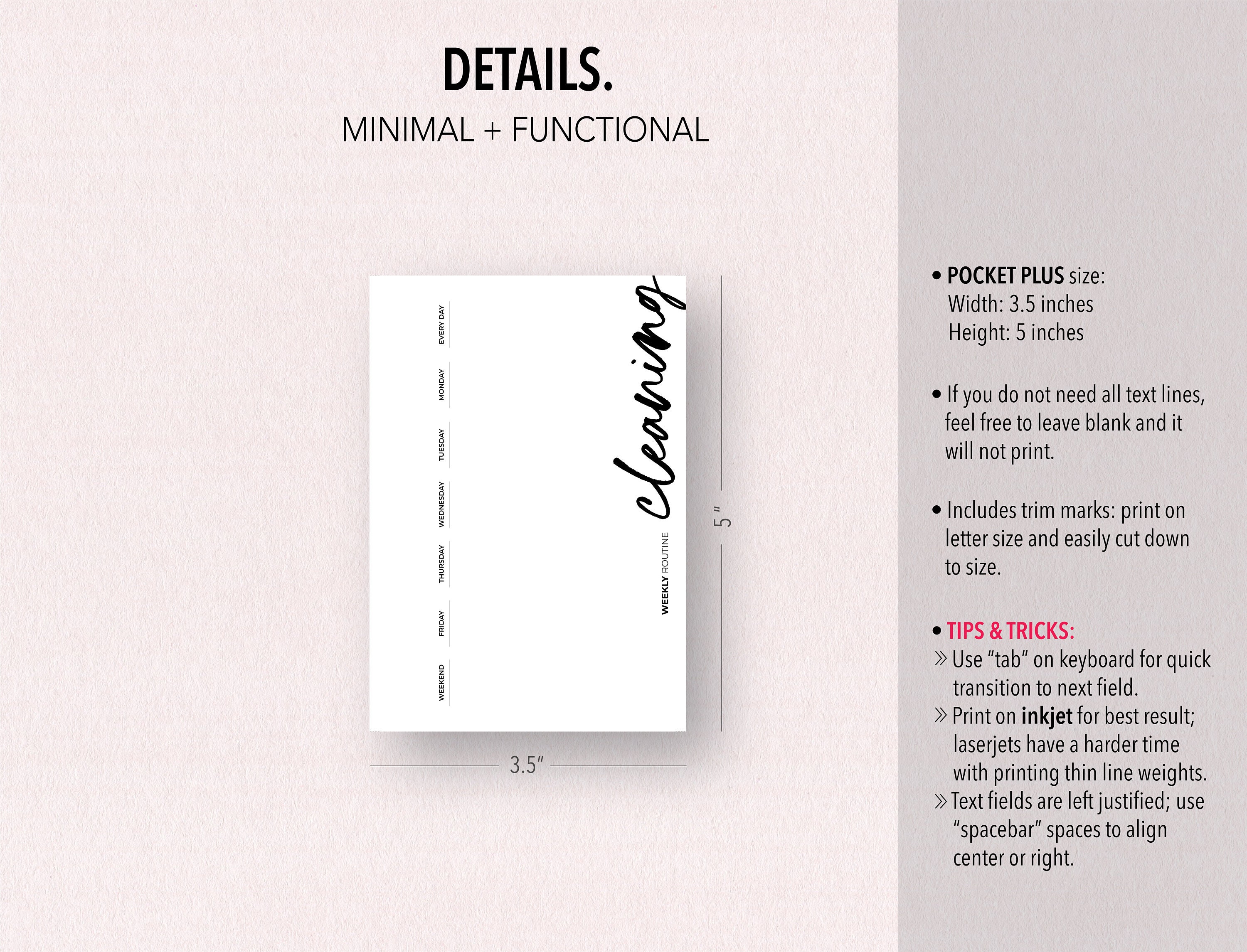 POCKETPLUS FILLABLE Cleaning WEEKLY Routine Insert - Etsy