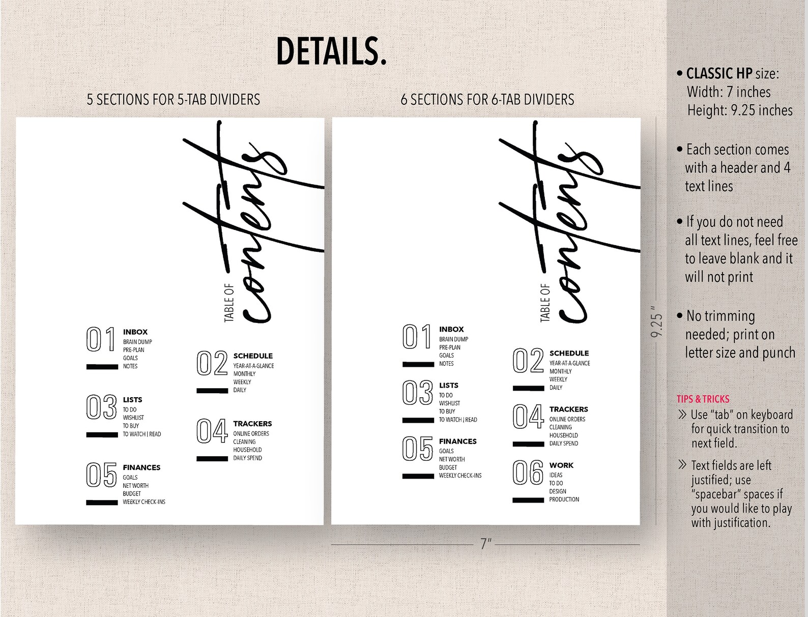 CLASSIC HP FILLABLE Table of Contents Bundle Fillable & - Etsy