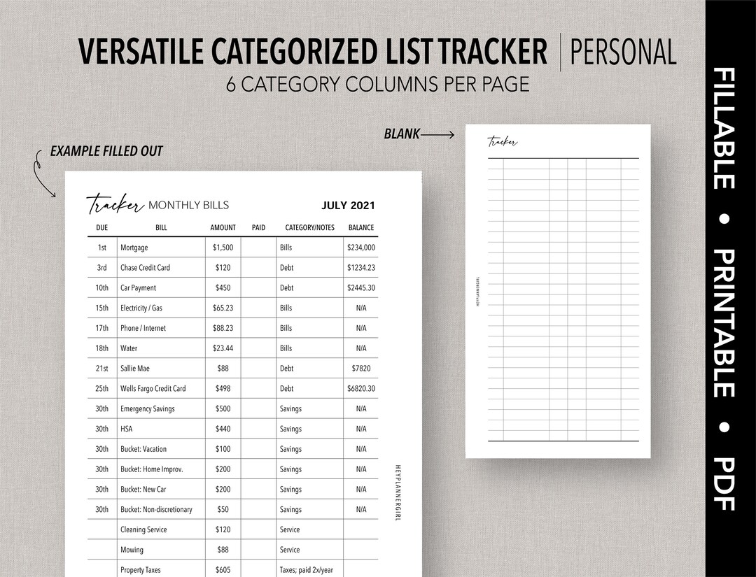 PERSONAL *FILLABLE* Versatile CATEGORIZED List Tracker | Fillable ...