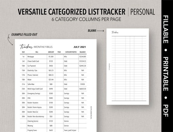 PERSONAL FILLABLE Versatile CATEGORIZED List Tracker | Etsy