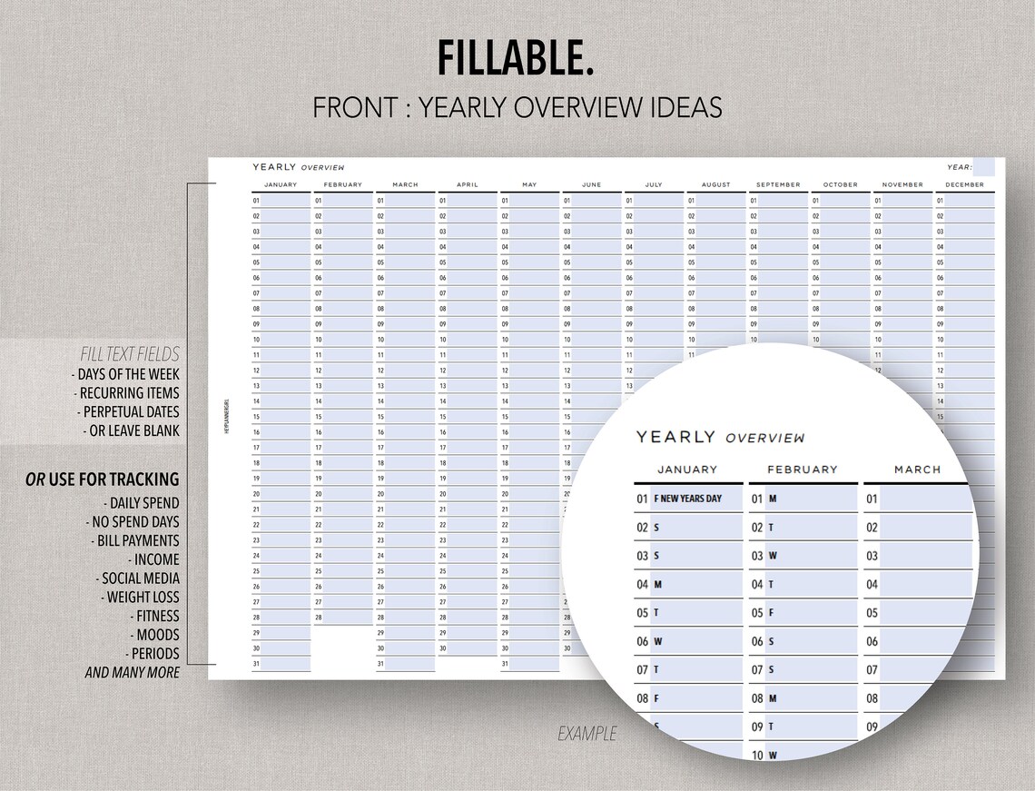 PERSONAL *FILLABLE* YEARLY / Monthly Overview Fold Out Insert ...