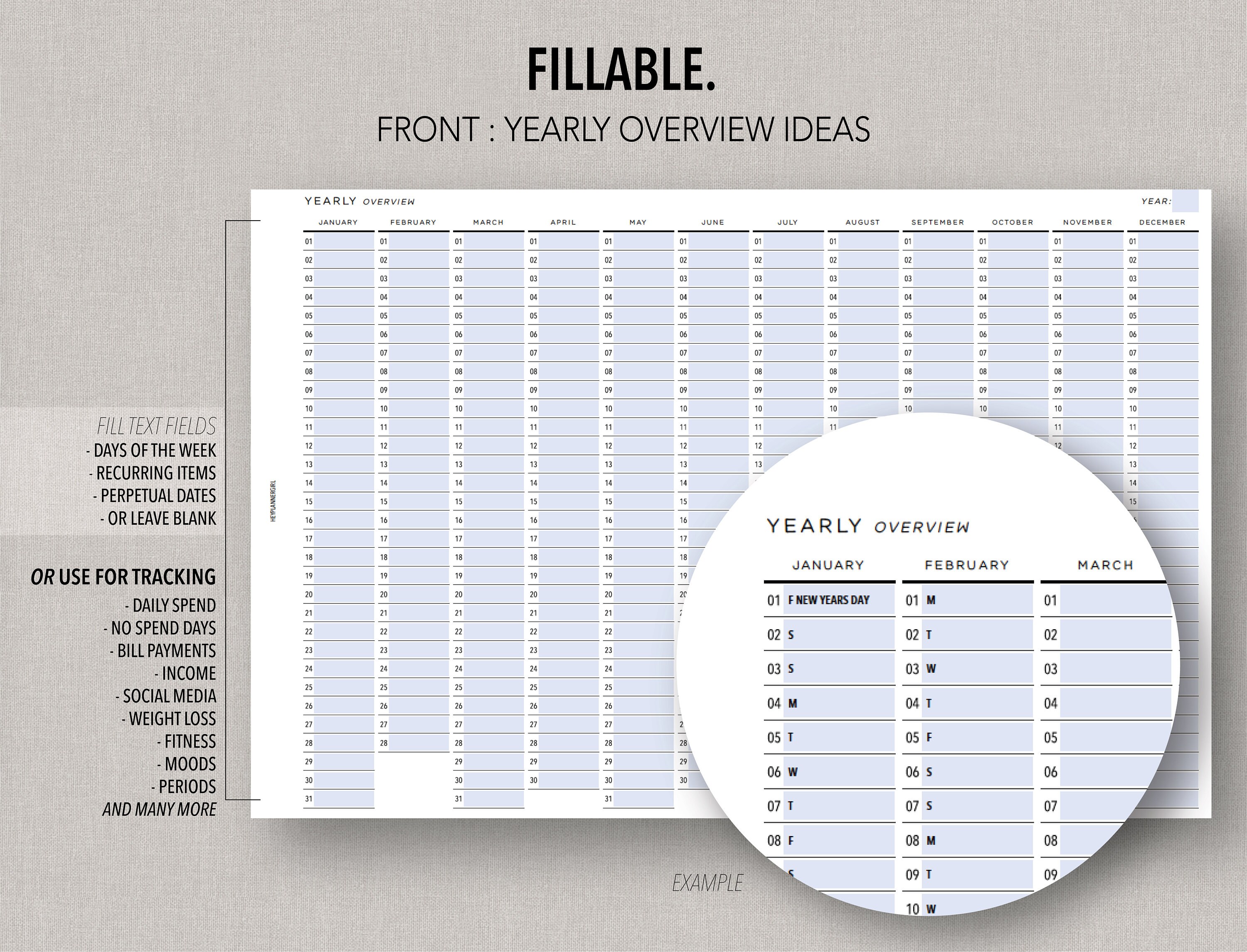 PERSONAL FILLABLE YEARLY / Monthly Overview Fold Out Insert | Etsy