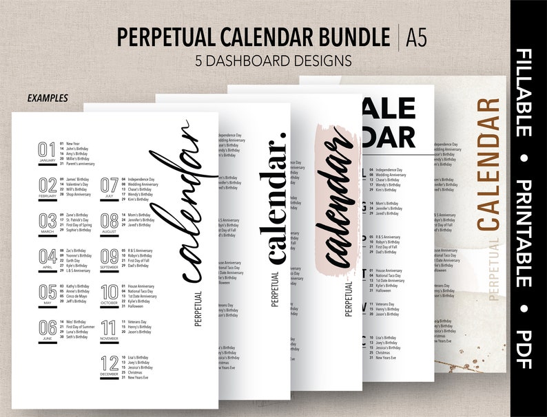 A5 FILLABLE PERPETUAL Calendar Bundle Fillable & Printable - Etsy