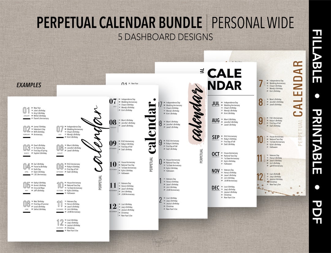 PERSONAL WIDE *FILLABLE* Perpetual Calendar Bundle | Fillable ...