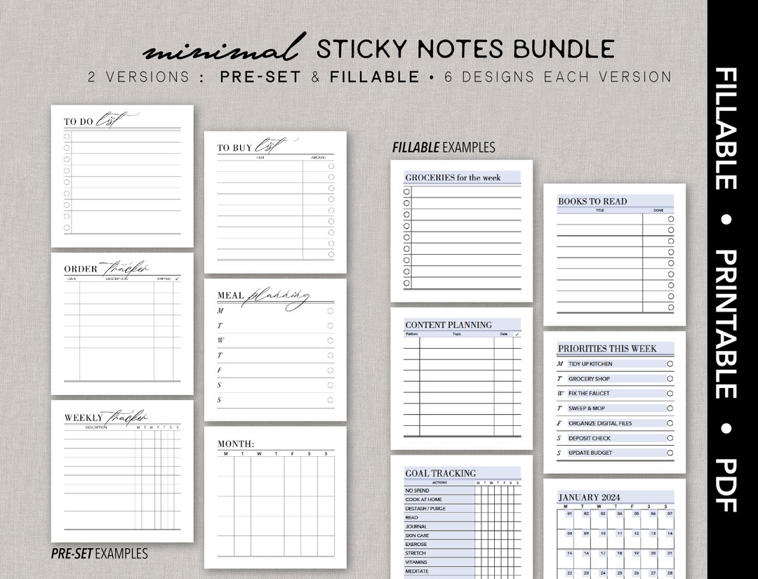 STICKY NOTES *FILLABLE* Minimal Bundle | 2 Versions : Pre-set and ...
