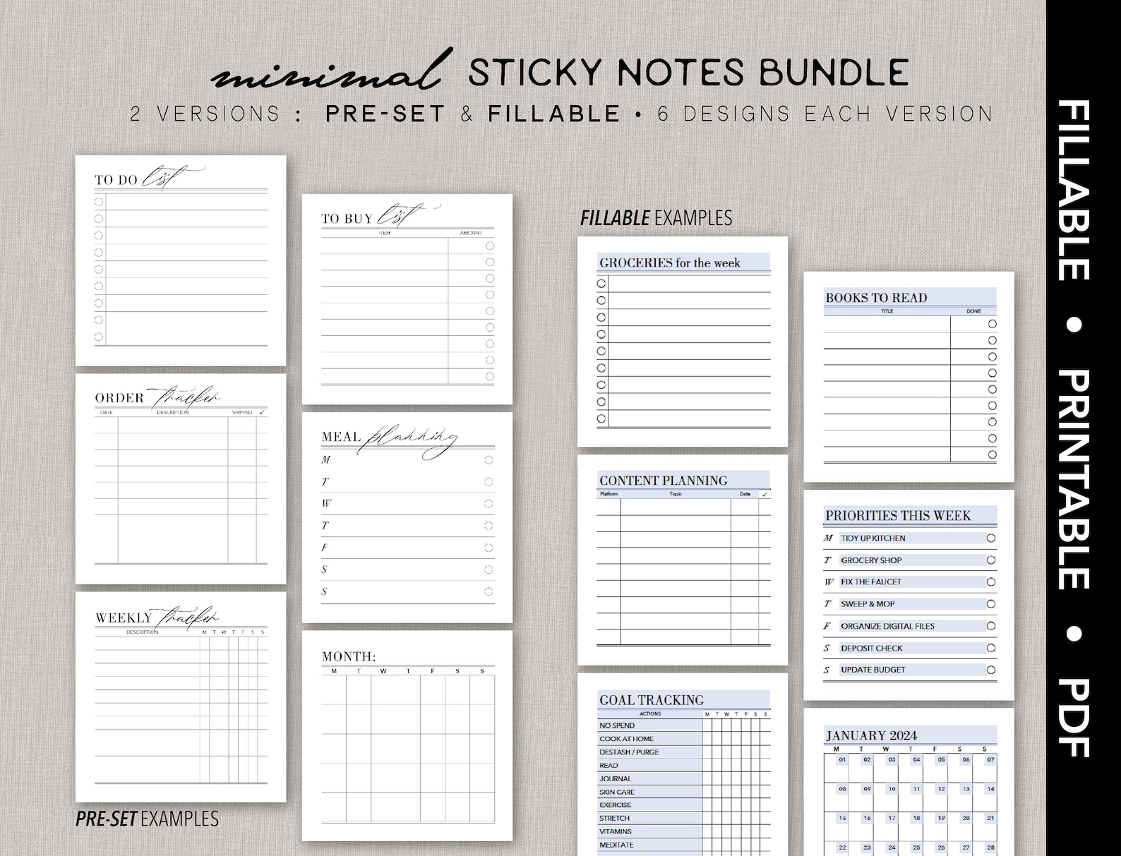 STICKY NOTES FILLABLE Minimal Bundle 2 Versions : Pre-set and Fillable ...
