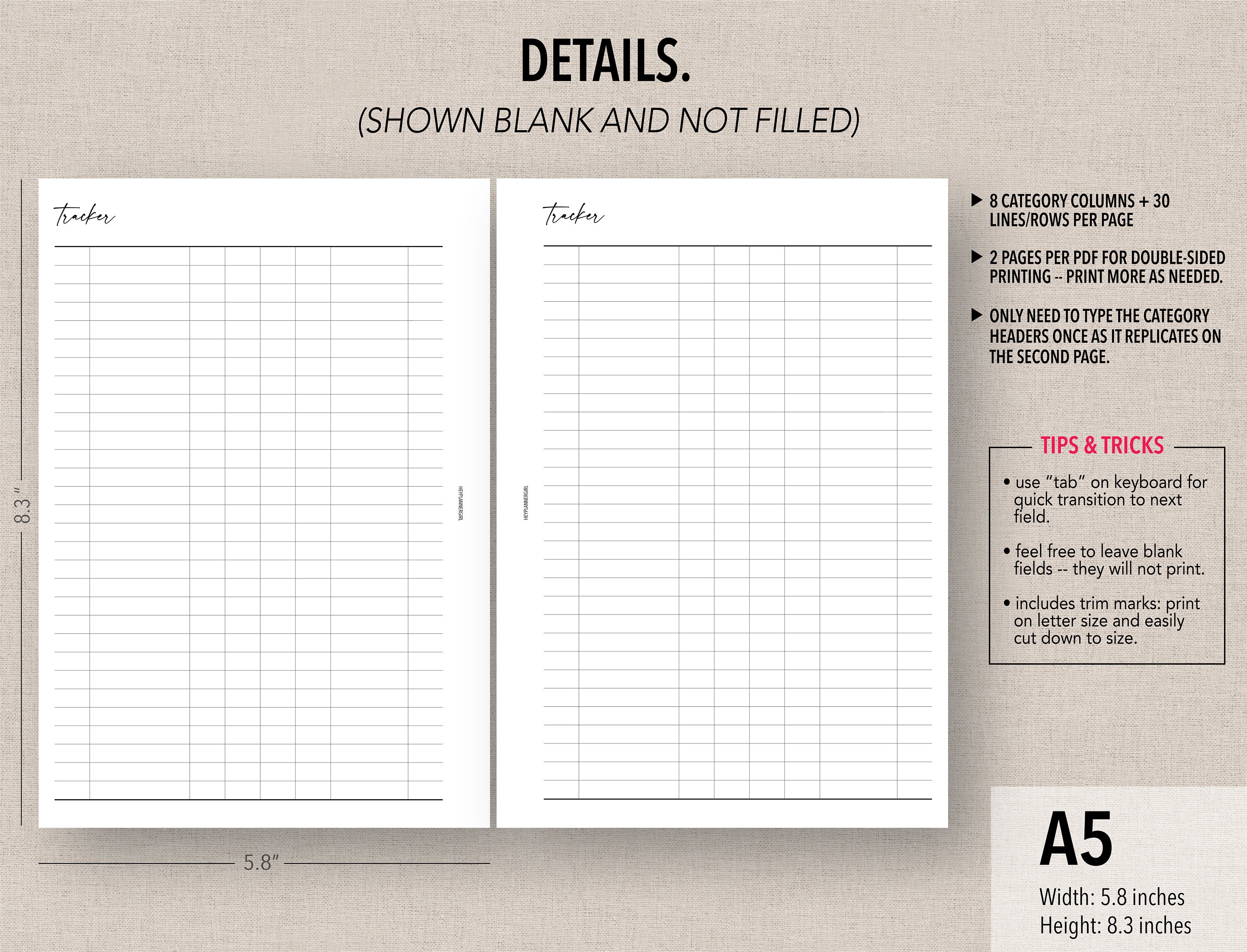 A5 *FILLABLE* Versatile CATEGORIZED LIST Tracker | Fillable & Printable ...