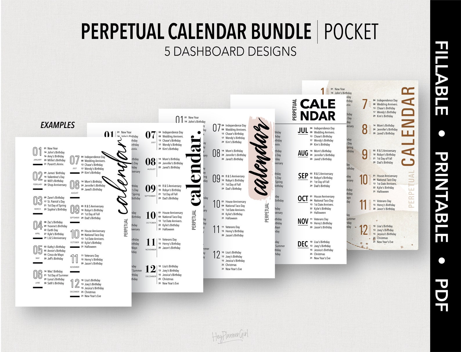 POCKET *FILLABLE* PERPETUAL Calendar Bundle | Fillable & Printable | 5 ...