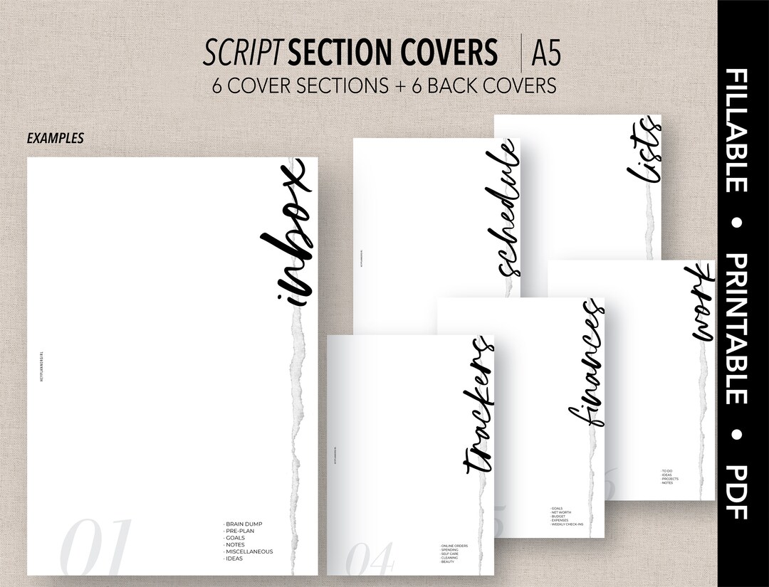 A5 *FILLABLE* {script} Section Covers | Fillable & Printable | 6 Cover ...