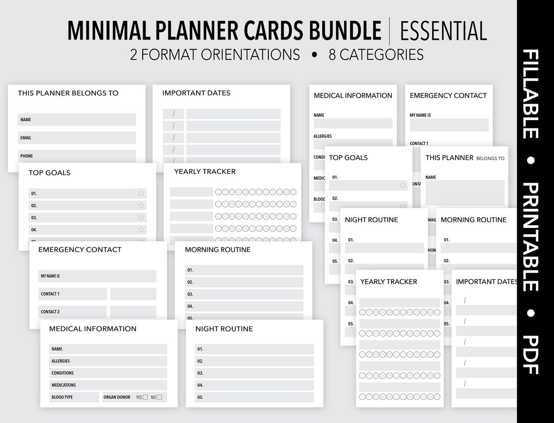 ESSENTIAL MINIMAL *FILLABLE* Planner Cards Bundle | Essential Info ...
