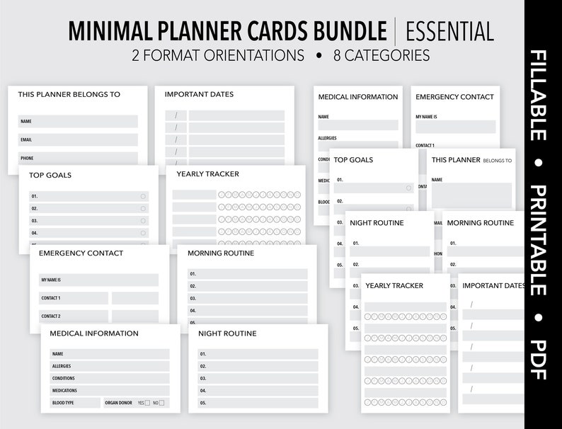 ESSENTIAL MINIMAL *FILLABLE* Planner Cards Bundle | Essential Info ...