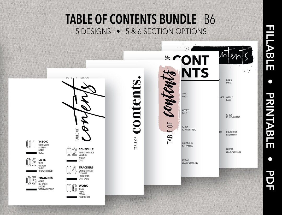 B6 *FILLABLE* Table of Contents Bundle | Fillable & Printable ...