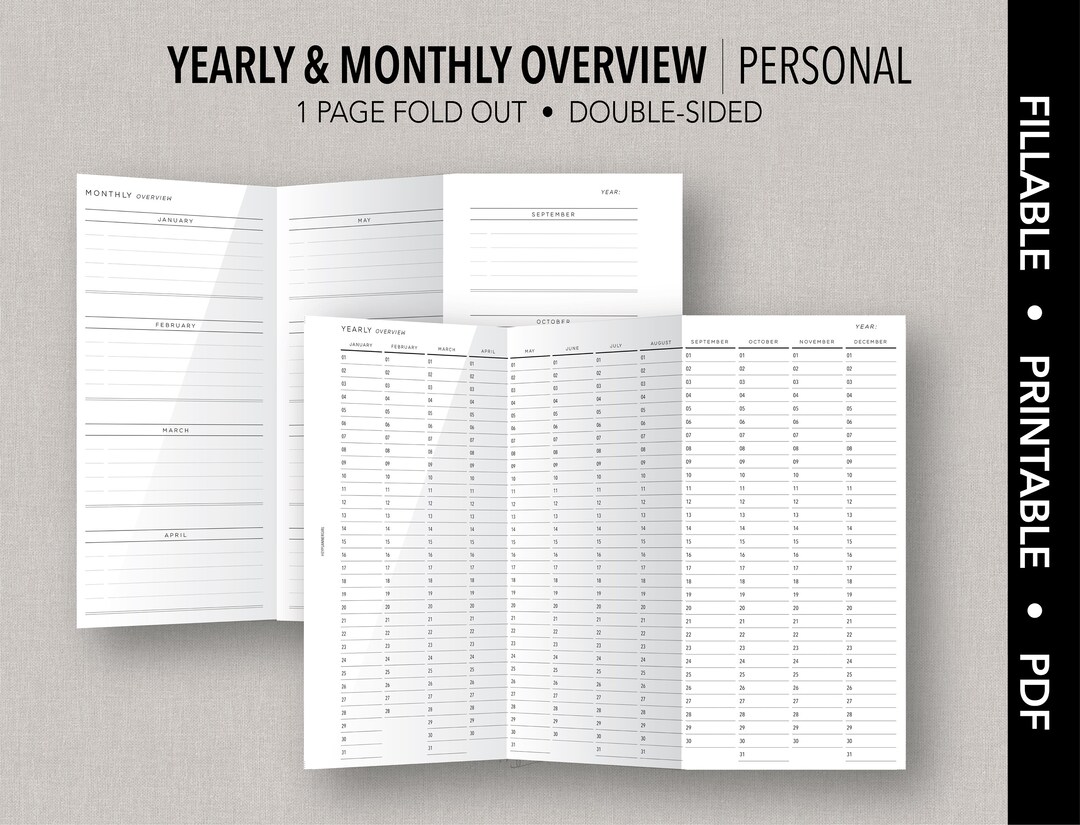 PERSONAL *FILLABLE* YEARLY / Monthly Overview Fold Out Insert ...