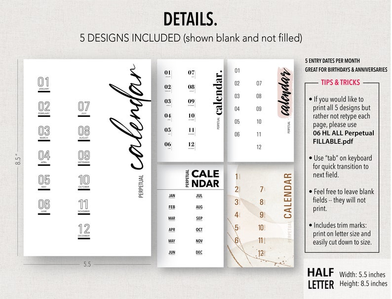 HALF LETTER *FILLABLE* Perpetual Calendar Bundle | Fillable & Printable ...