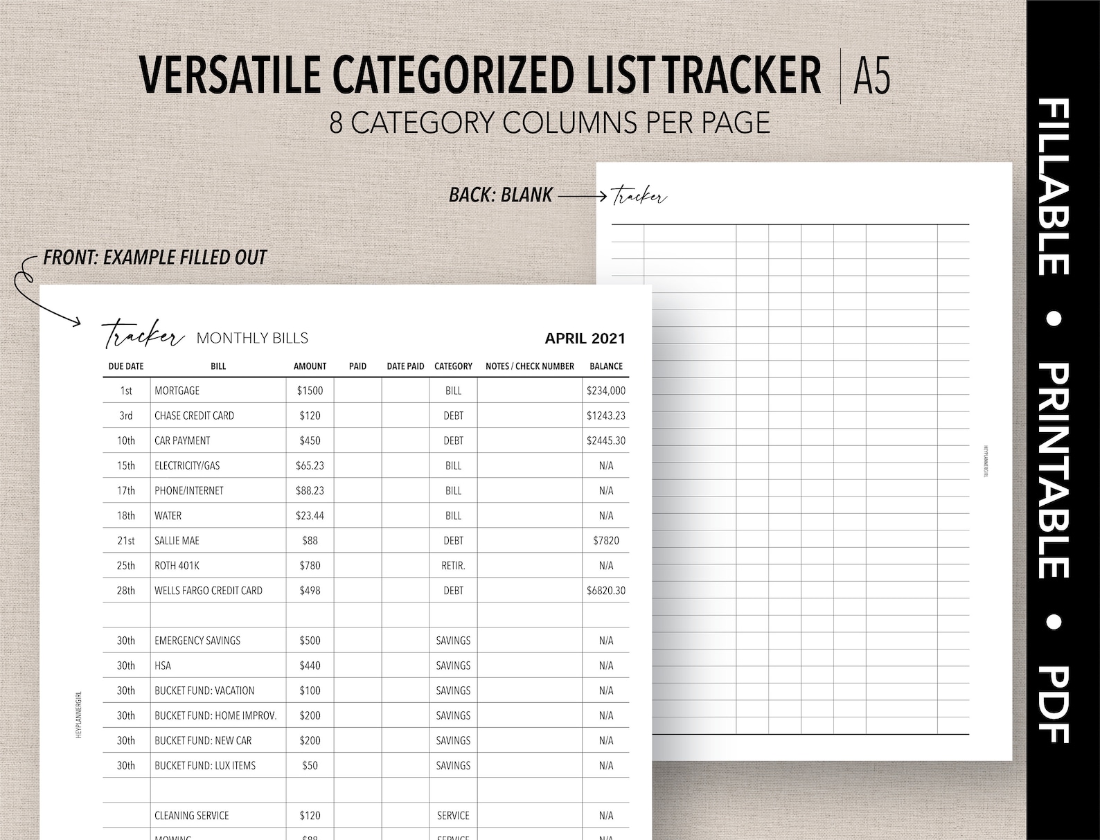 A5 FILLABLE Versatile CATEGORIZED LIST Tracker Fillable & | Etsy