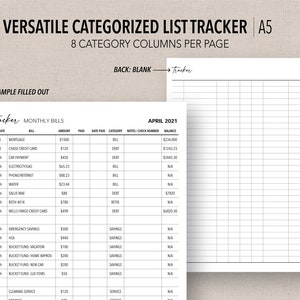 A5 *FILLABLE* Versatile CATEGORIZED LIST Tracker | Fillable & Printable ...
