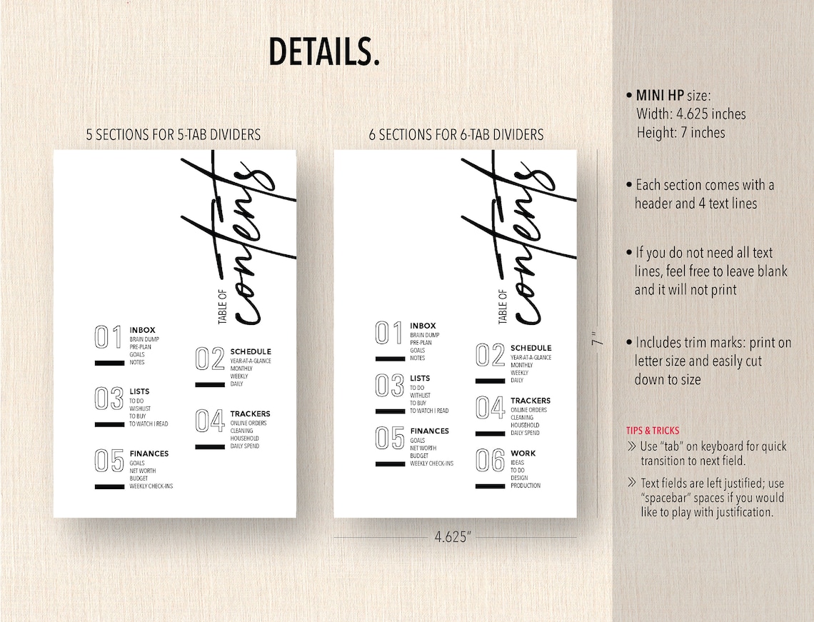MINI HP FILLABLE Table of Contents Bundle Fillable & | Etsy