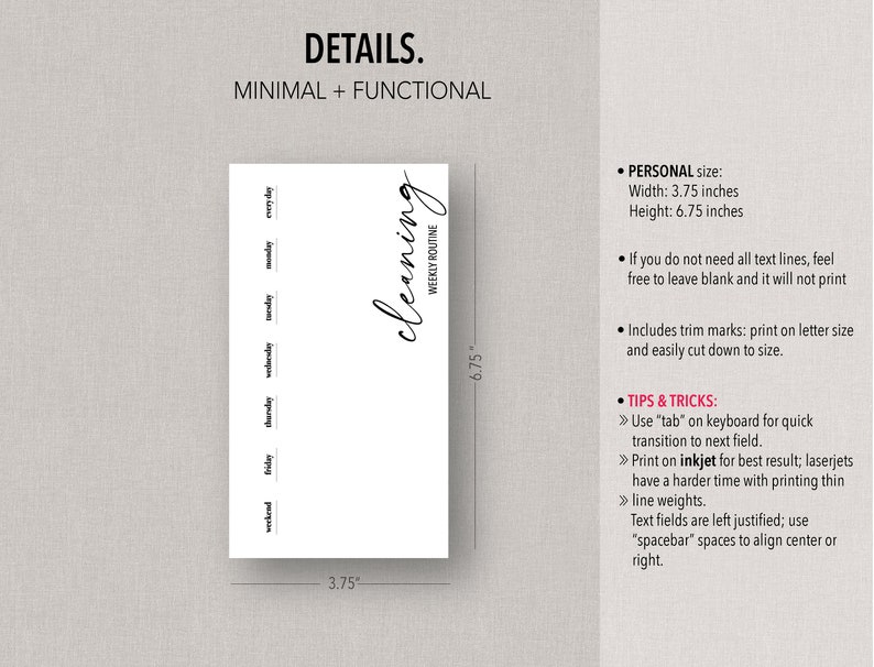 PERSONAL FILLABLE CLEANING Weekly Routine Insert Fillable | Etsy