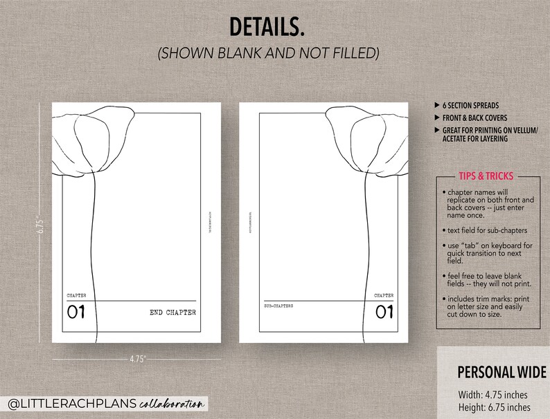 PERSONAL WIDE *FILLABLE* Rachel's Floral Chapter Covers | Fillable ...