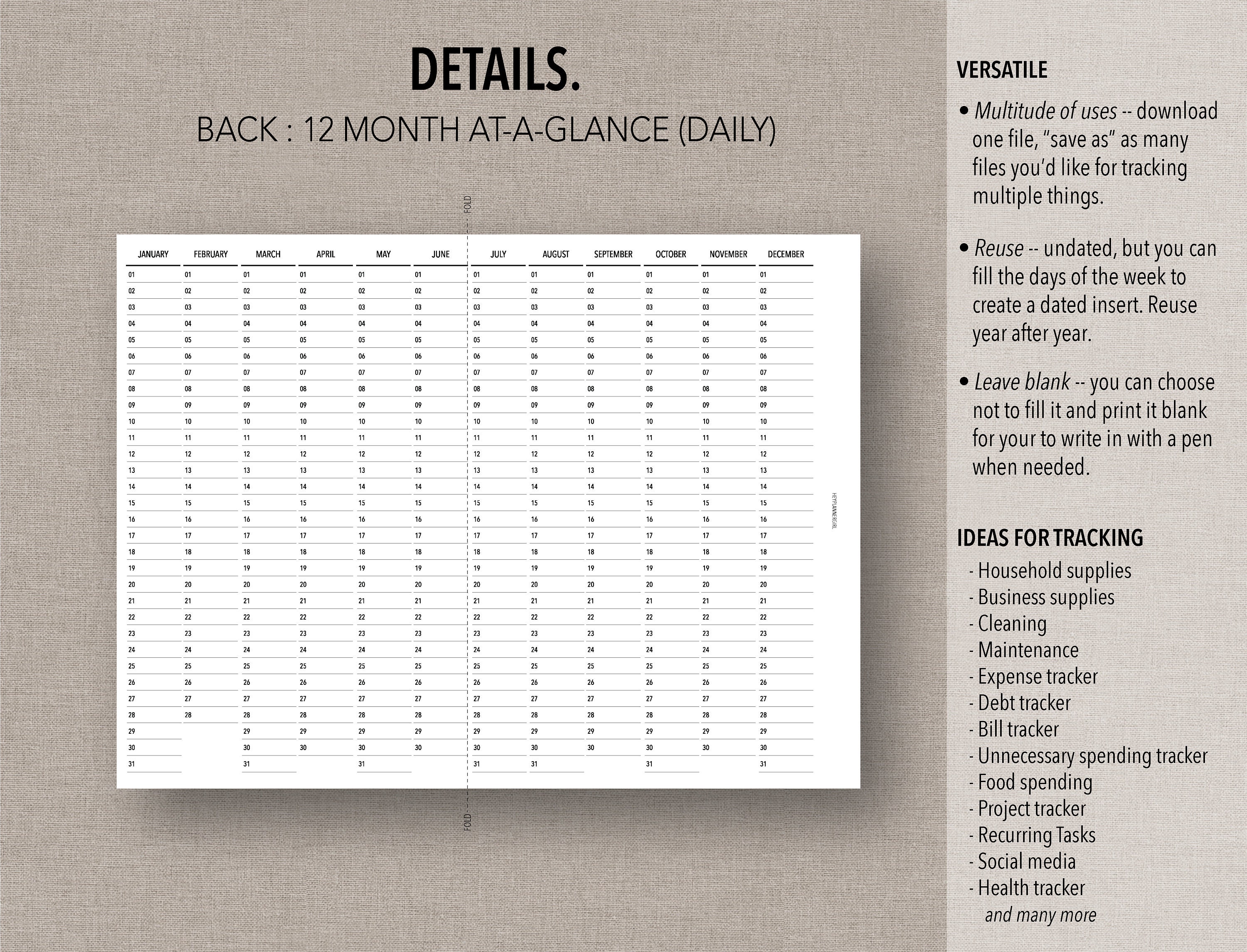 PERSONAL WIDE FILLABLE Annual Tracker Fold Out Insert - Etsy Singapore