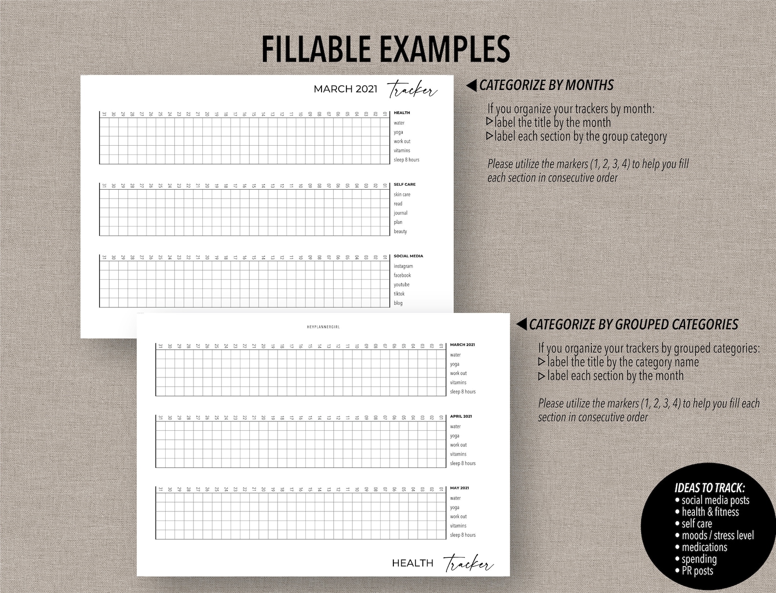 PERSONAL FILLABLE CATEGORIZED Monthly Trackers Fillable & - Etsy