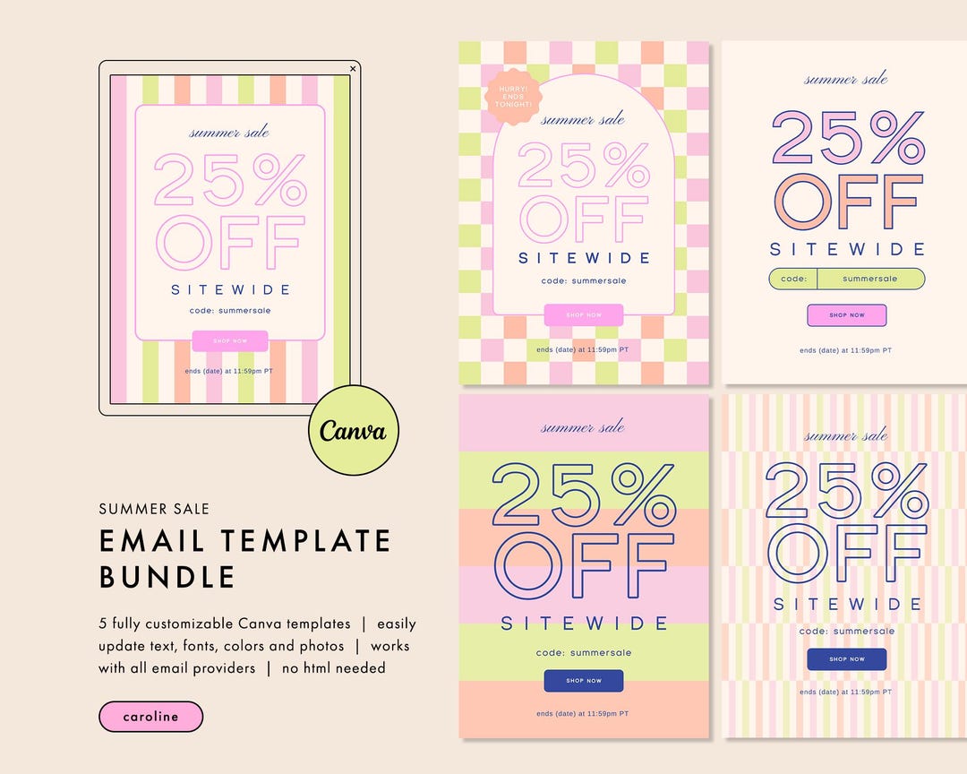 Neon Pastel Check Email Newsletter, Cute Sale Email Template Bundle ...