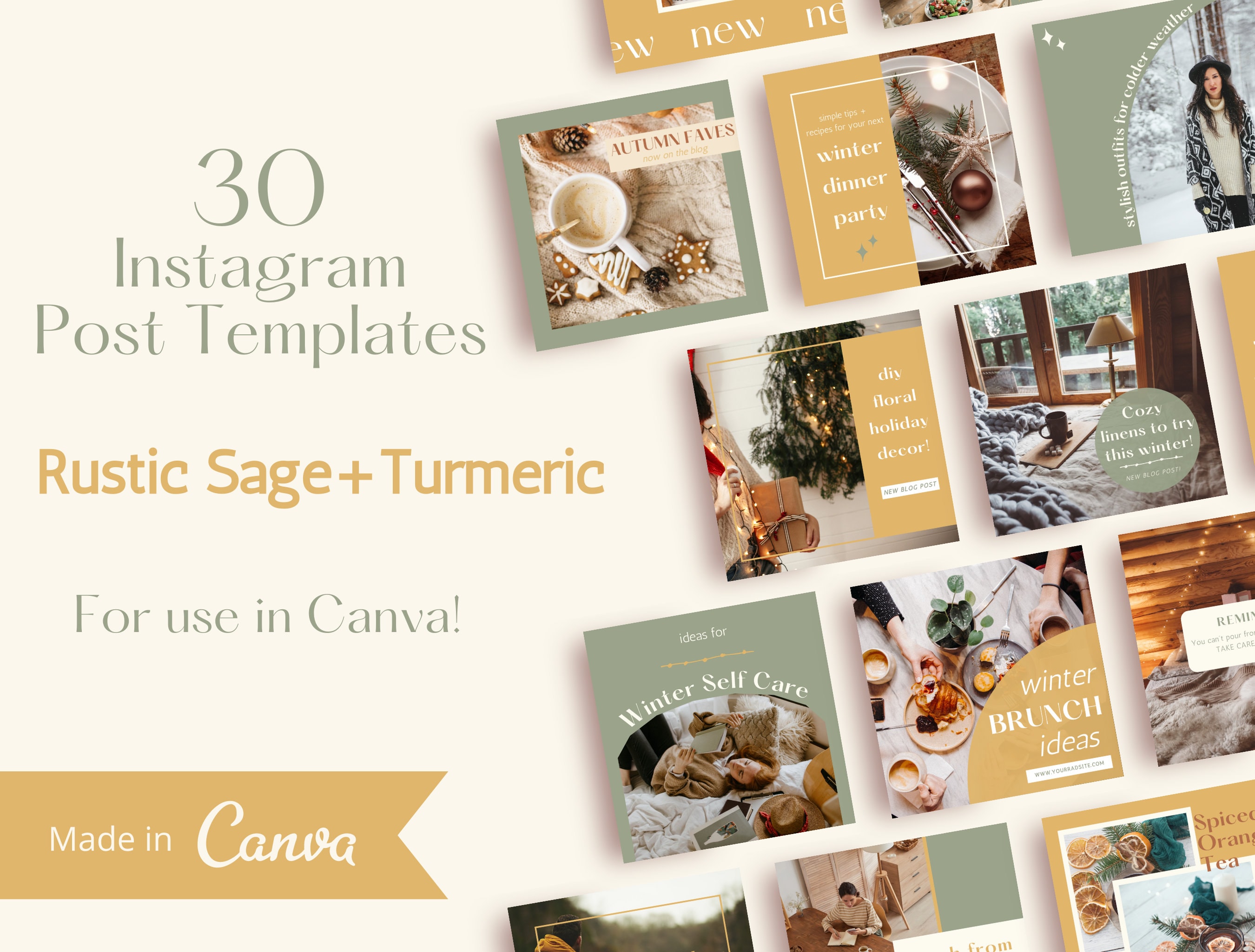 Rustic Sage + Turmeric Instagram Post Templates | Earthy Warm Autumn ...